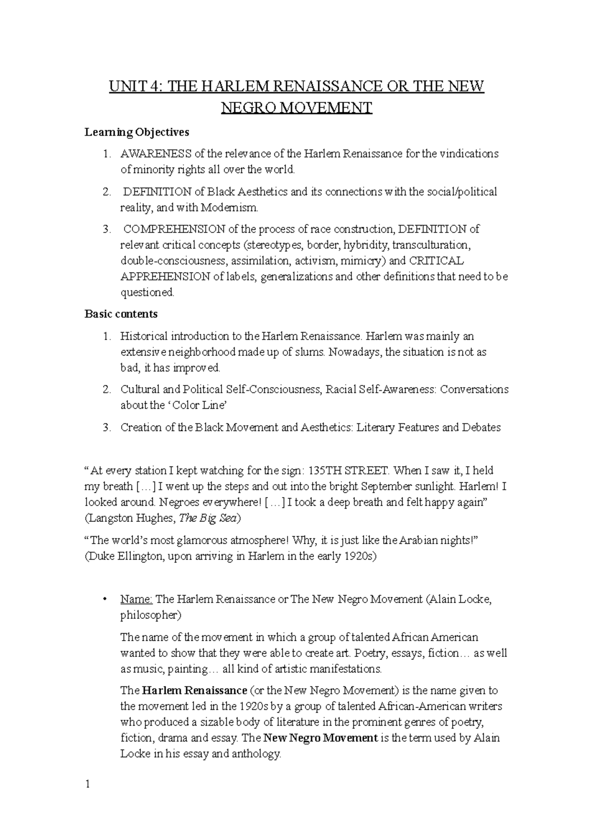 UNIT 4 LIT.NORT III - Tema 4 profesor Collado - UNIT 4: THE HARLEM ...