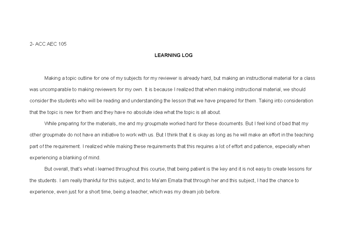 Learning LOG 4 - 2- ACC AEC 105 LEARNING LOG Making a topic outline for ...