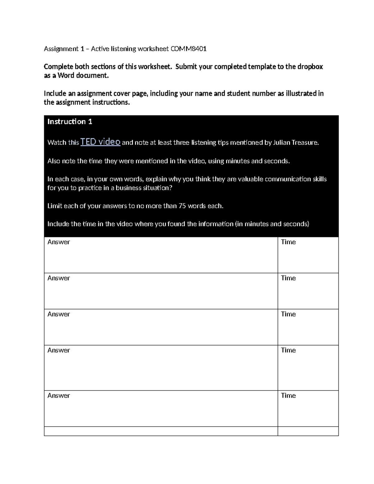 Assignment 1 – Active listening Activity worksheet - Assignment 1 ...