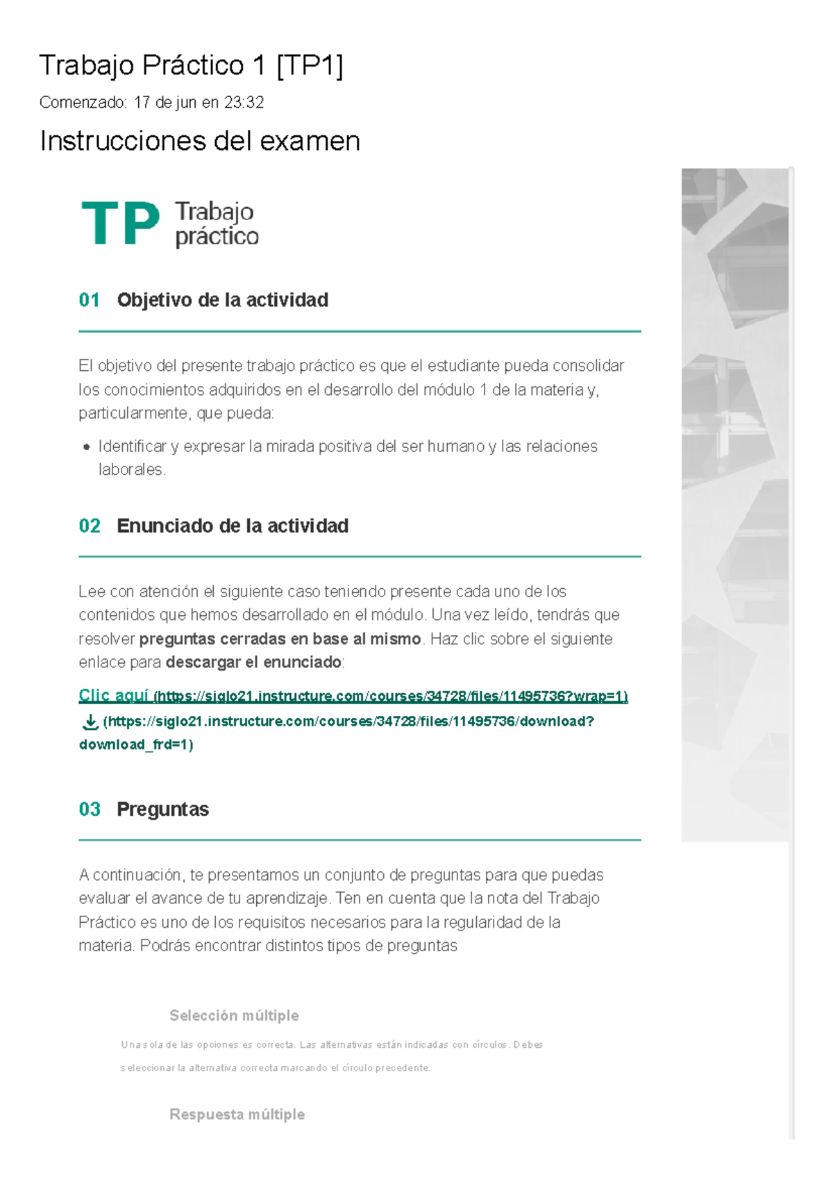 EXAMEN Tp1 gyl 95% - Trabajo Práctico 1 [TP1] Comenzado: 17 de jun en 23: Instrucciones del ...