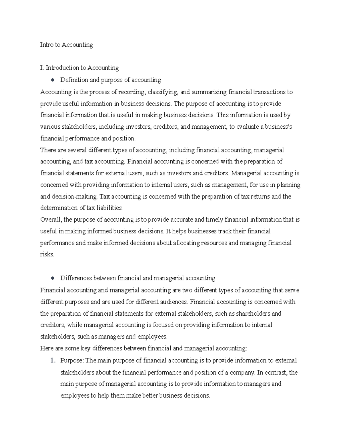 Pt 1 intro to accounting - Intro to Accounting I. Introduction to ...