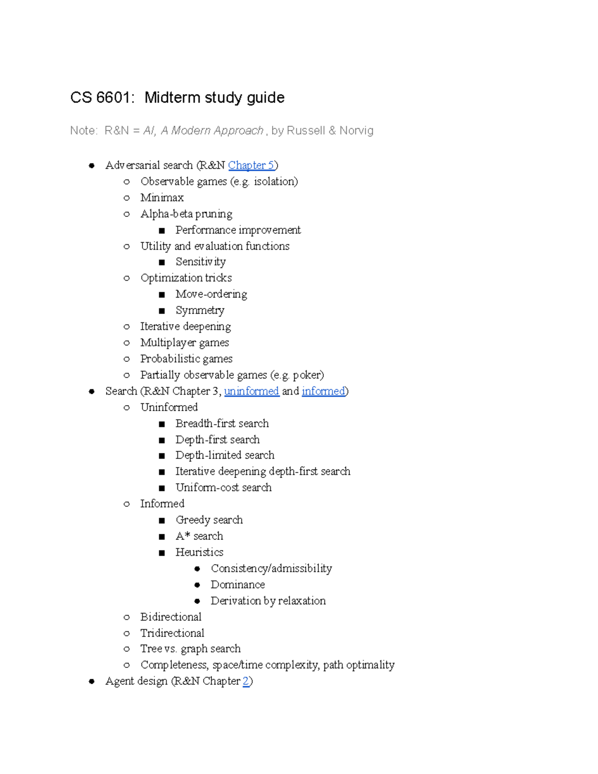 CS3600 AI Midterm - Topics List - CS 6601: Midterm study guide Note: R ...