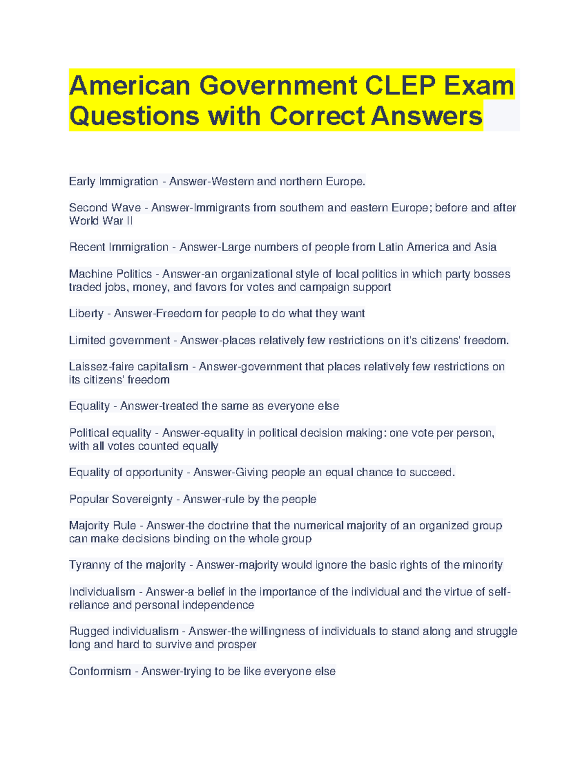 American Government CLEP Exam Questions with Correct Answers - American ...