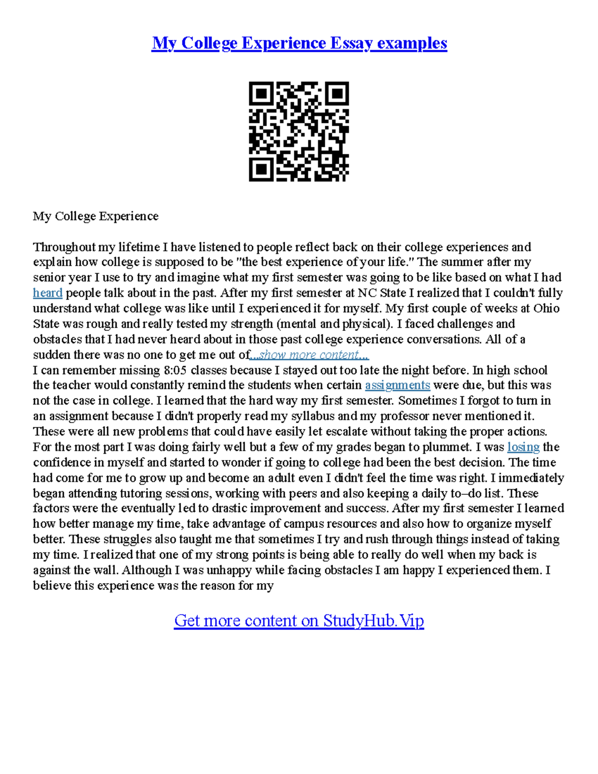 Good College Application Essay Samples - My College Experience Essay ...
