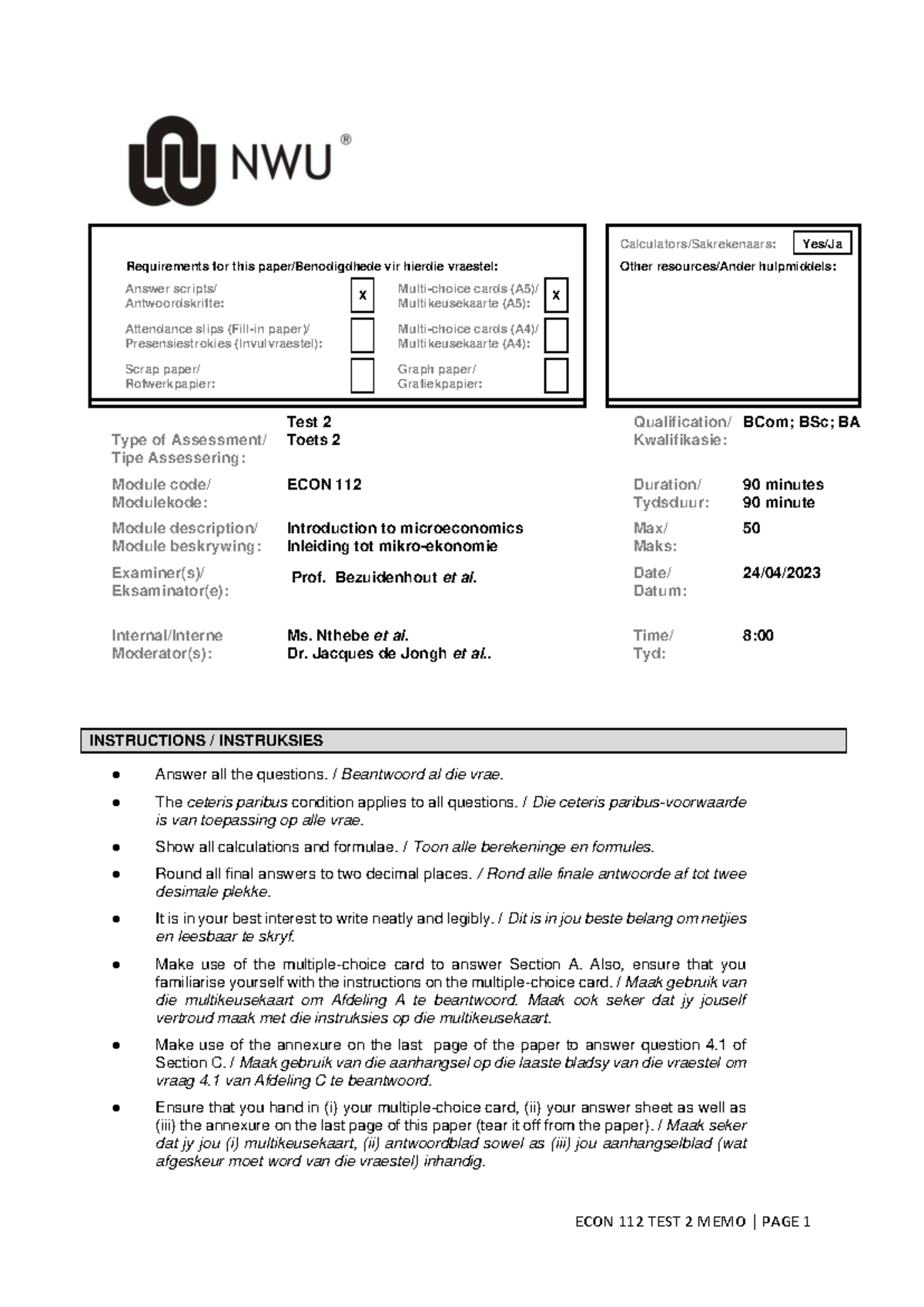 ECON 112 semester test memo - Calculators/Sakrekenaars: Yes/Ja ...