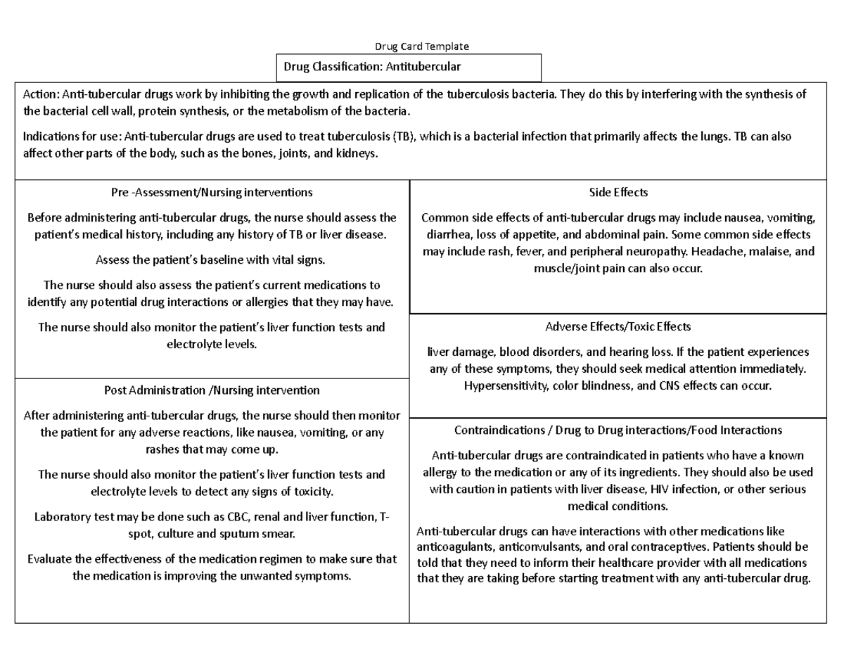 Antitubecular - Drug Card - Drug Card Template Drug Classification ...
