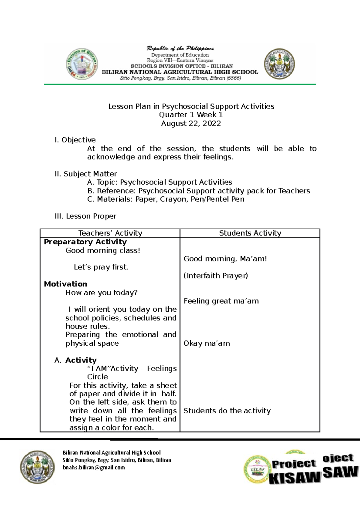 PSS1 - Week 1 lesson 1 - Lesson Plan in Psychosocial Support Activities ...