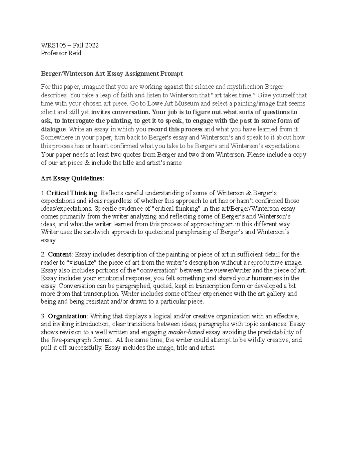 Essay 3 WRS105 Reid - yes - WRS105 – Fall 2022 Professor Reid Berger ...