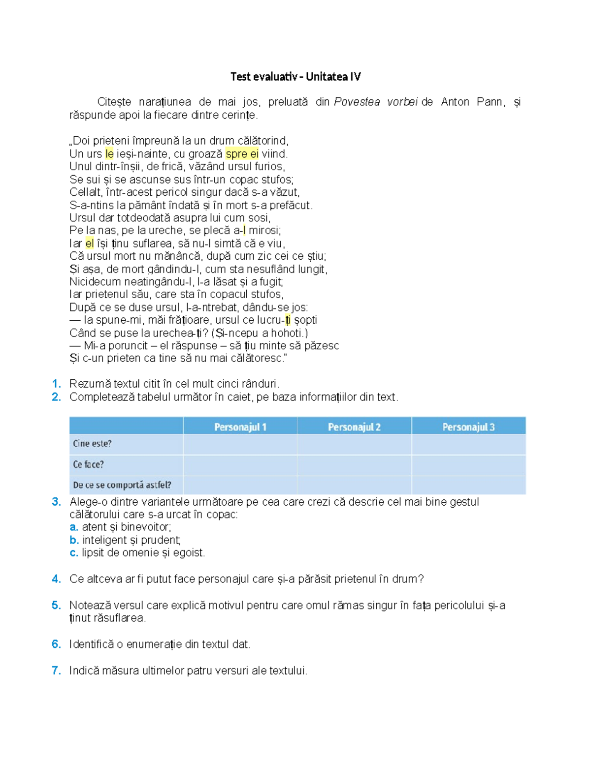 Test evaluativ Fabula - Test pentru clasa a VI_ , literatura, textul ...