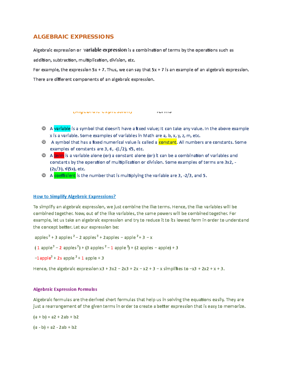 Algebraic Expressions Mathematics Examples - ALGEBRAIC EXPRESSIONS ...