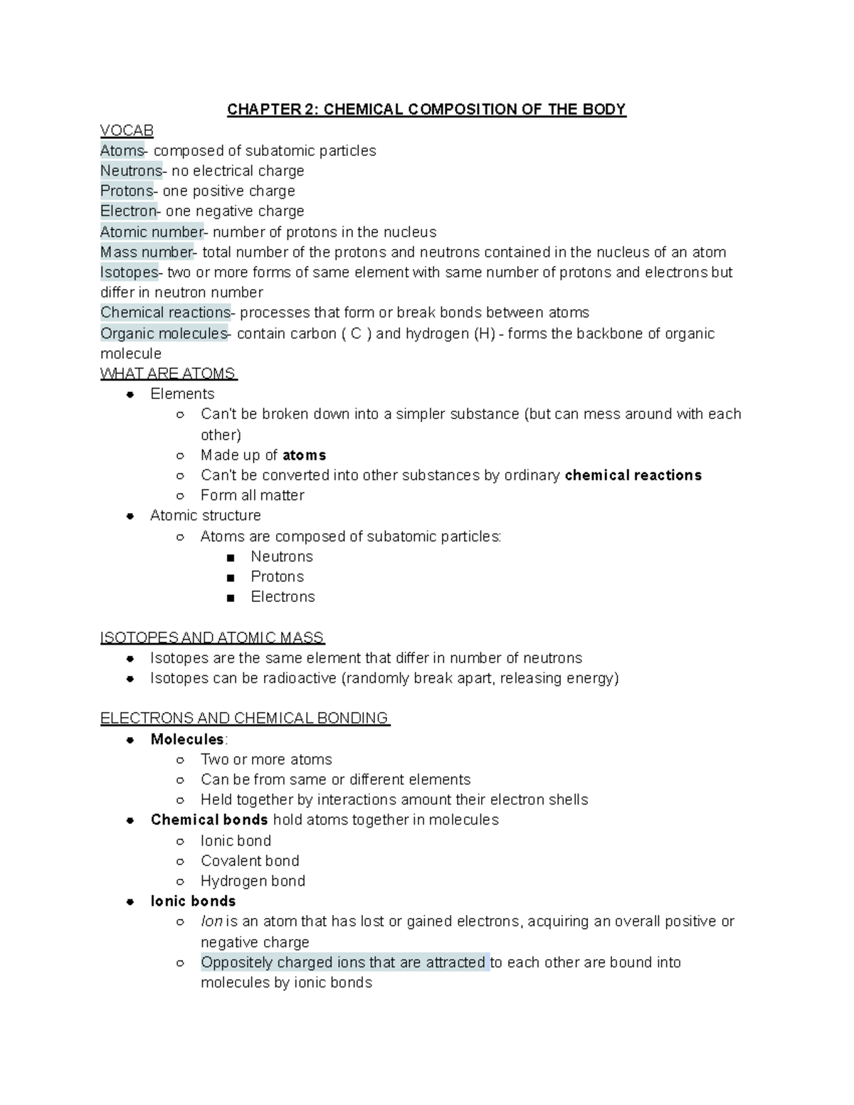 Physio CHAP 2 - CHAPTER 2: CHEMICAL COMPOSITION OF THE BODY VOCAB Atoms ...
