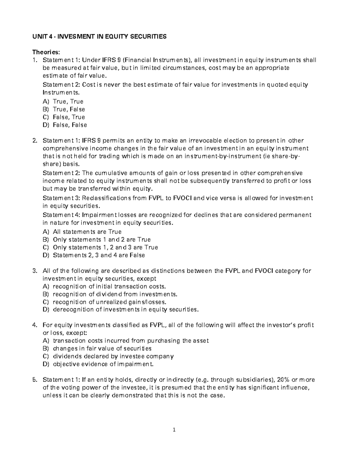 Acyfar 1 Practice Set Term 3 (Unit 4) - UNIT 4 - INVESMENT IN EQUITY ...