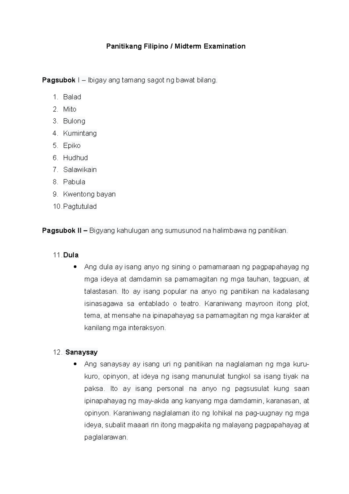 Panitikang Filipino - Balad Mito Bulong Kumintang Epiko Hudhud ...
