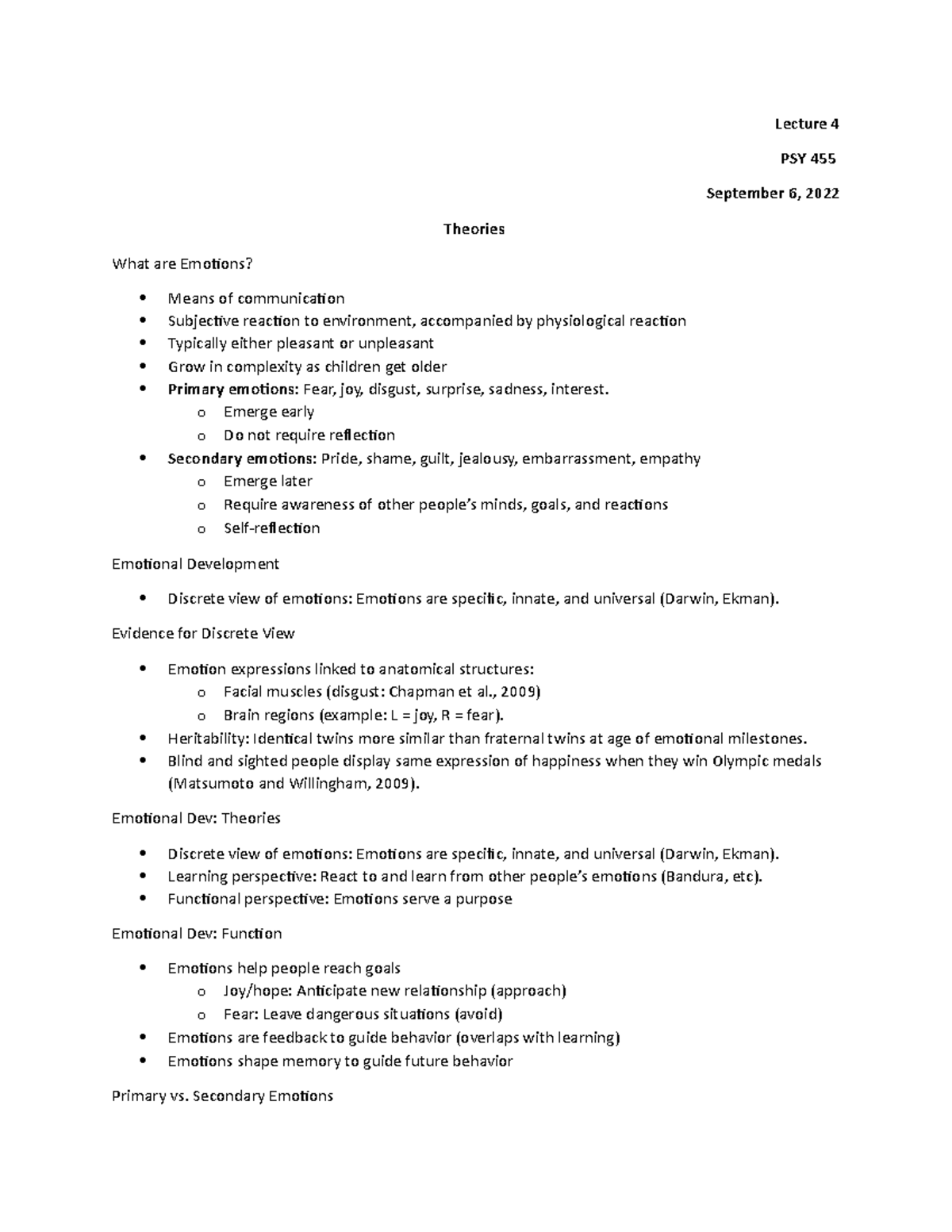 Lecture 4 - Emotions - Professors notes - Lecture 4 PSY 455 September 6 ...