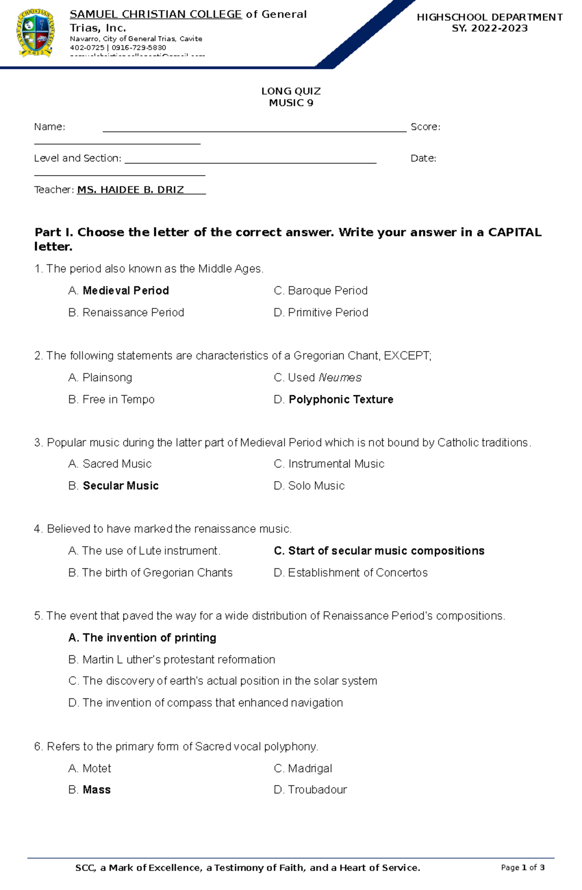 Music 9 Long Quiz Answer KEY - LONG QUIZ MUSIC 9 Name: - Studocu