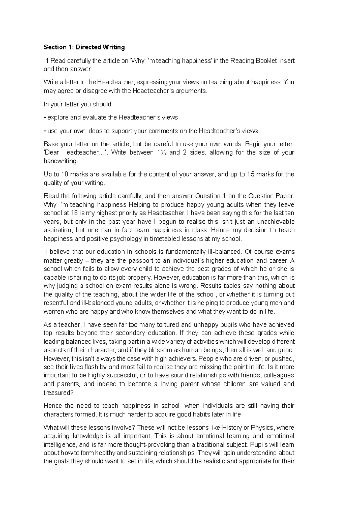 P 2 letter to the Headteacher abt happiness - Section 1: Directed ...