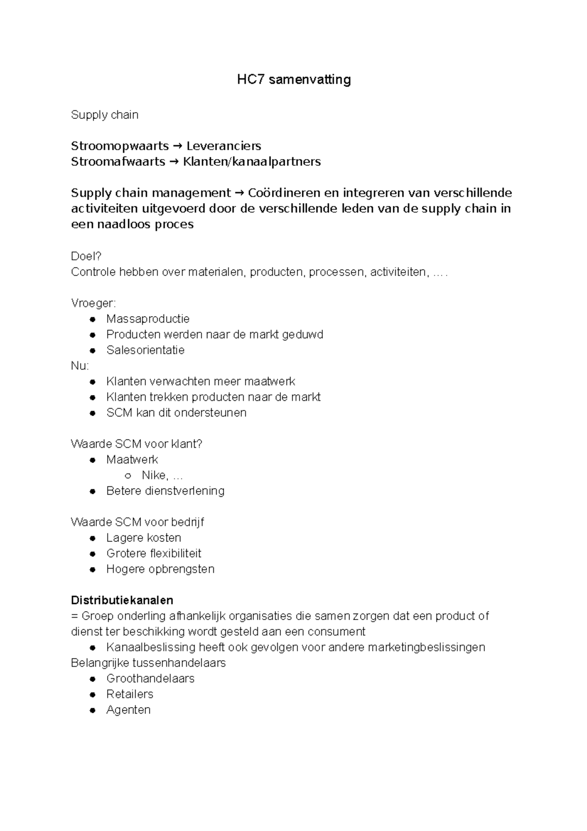 HC7 samenvatting - HC7 samenvatting Supply chain Stroomopwaarts → ...