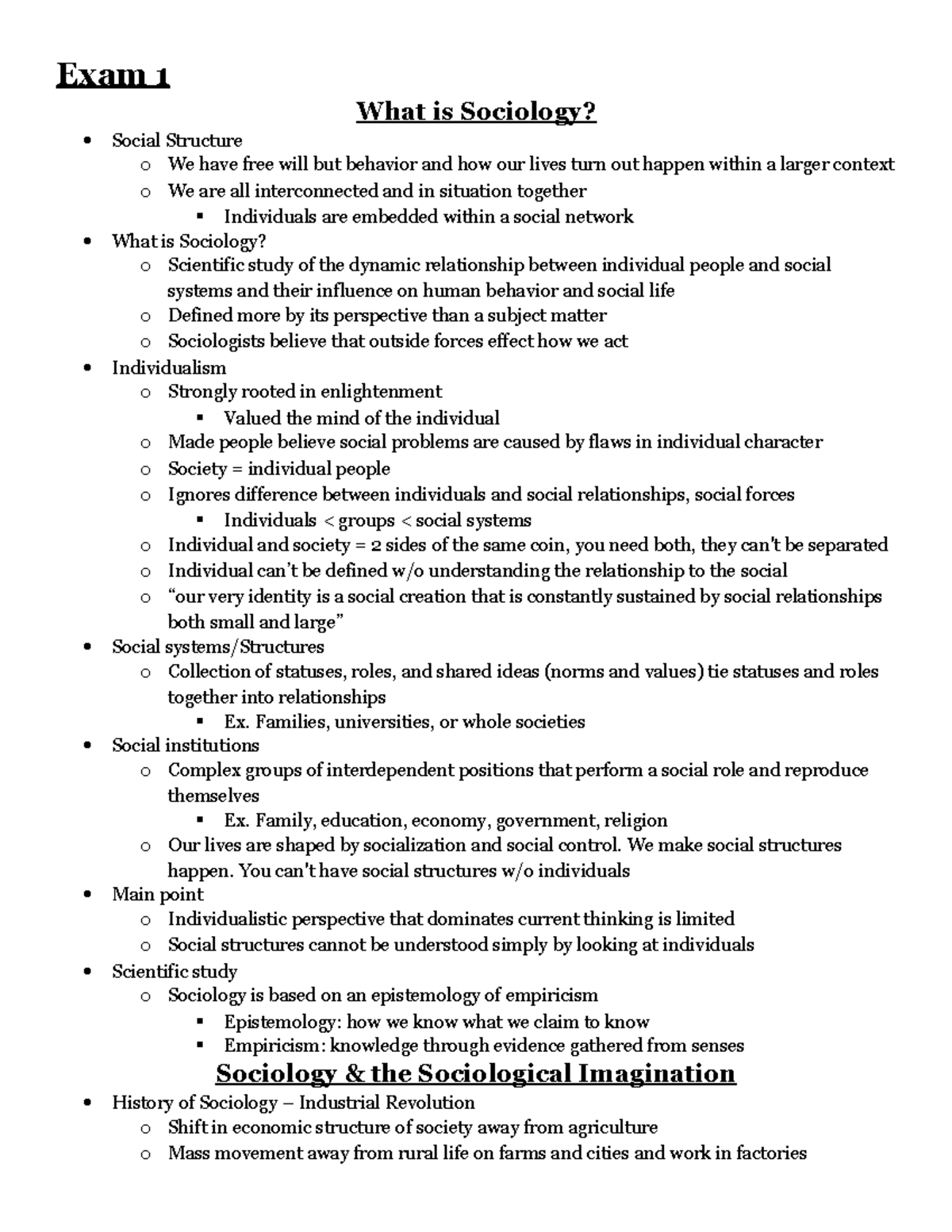 Sociology Final Exam - Exam 1 What is Sociology? Social Structure o We ...