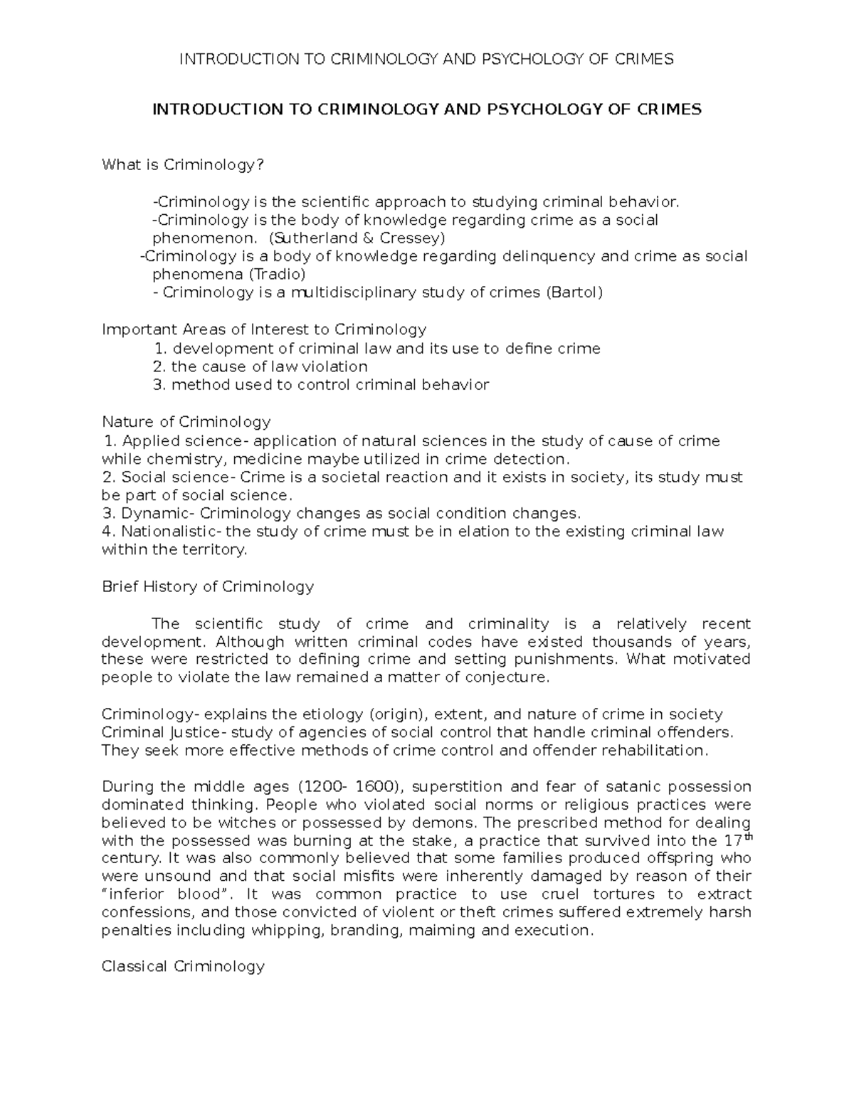 Socio.1 Introduction TO Criminology AND Psychology OF Crimes ...