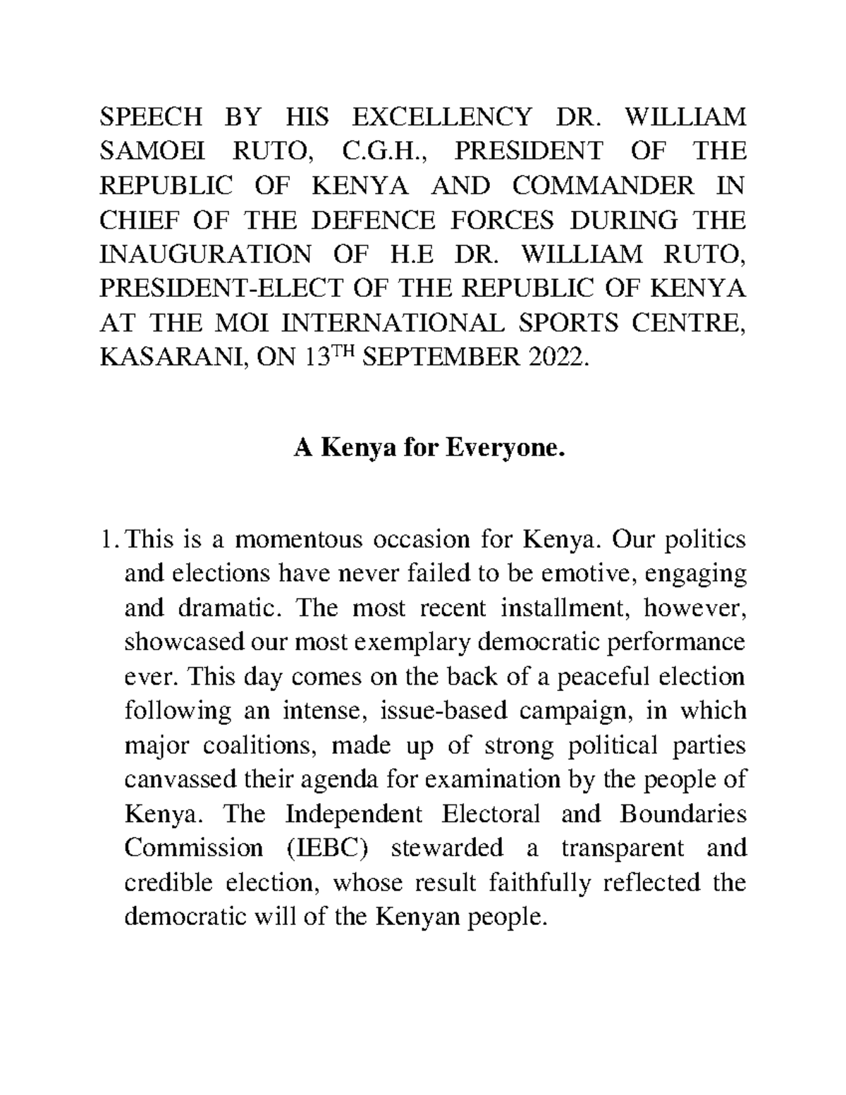 Inauguration Speech - Great - SPEECH BY HIS EXCELLENCY DR. WILLIAM ...