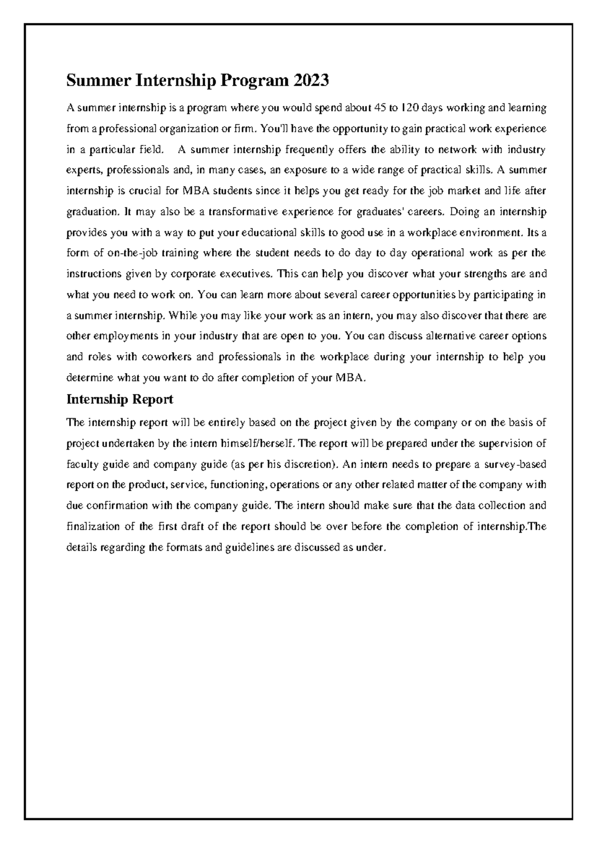 SIP Guidelines and Formats - Summer Internship Program 2023 A summer ...