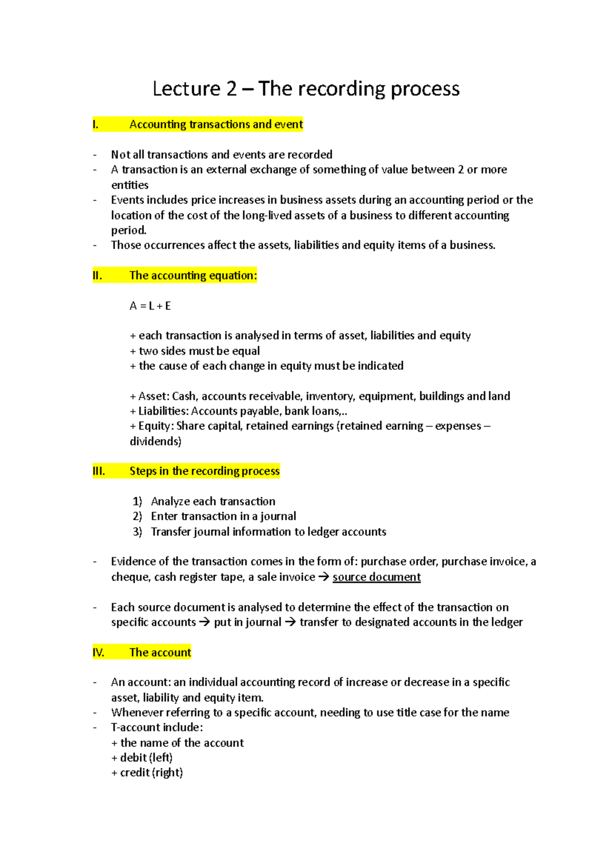 Lecture 2 - Lecture 2 – The recording process I. Accounting ...
