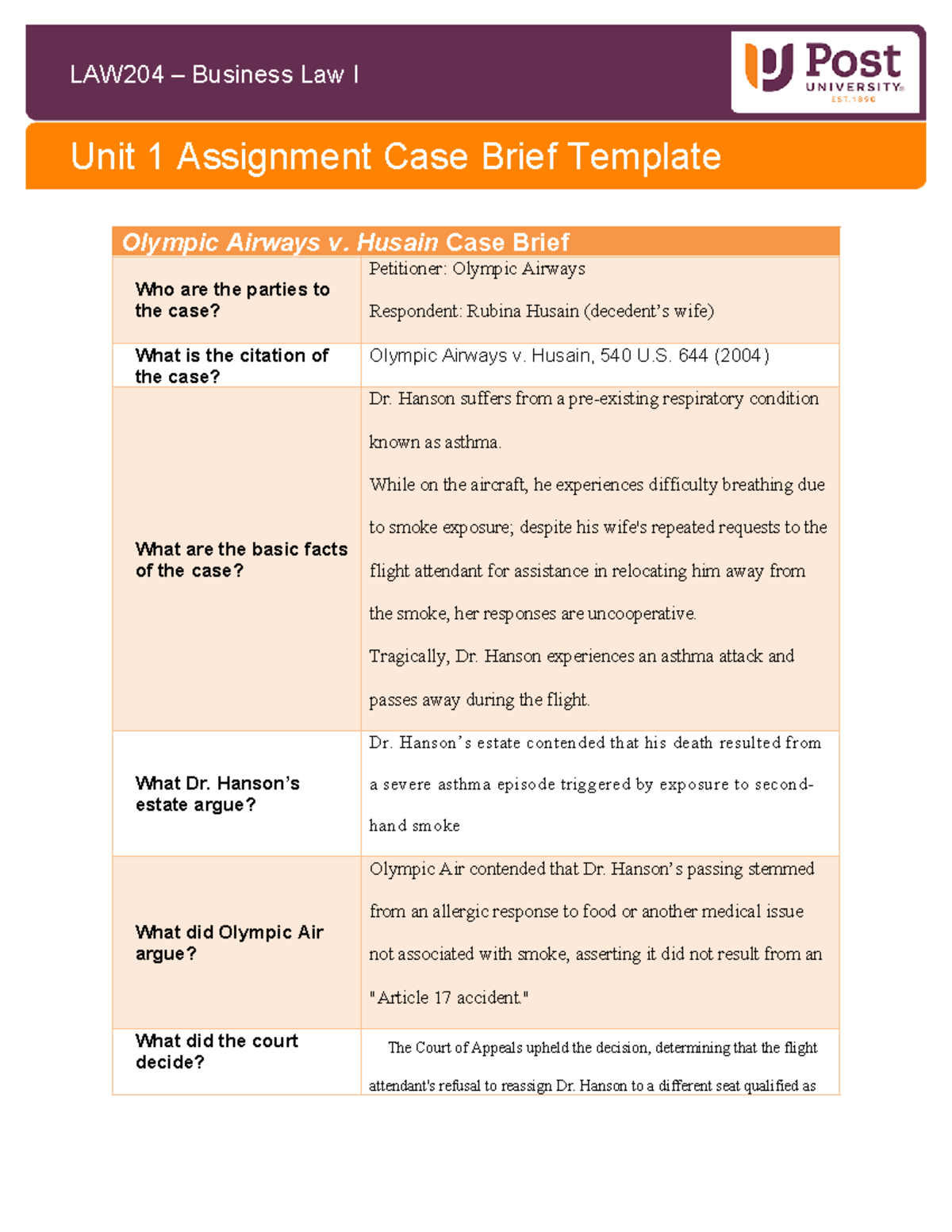 LAW204 Unit 1 Assignment Case Brief Template - Olympic Airways v. Husain Case Brief Who are the ...