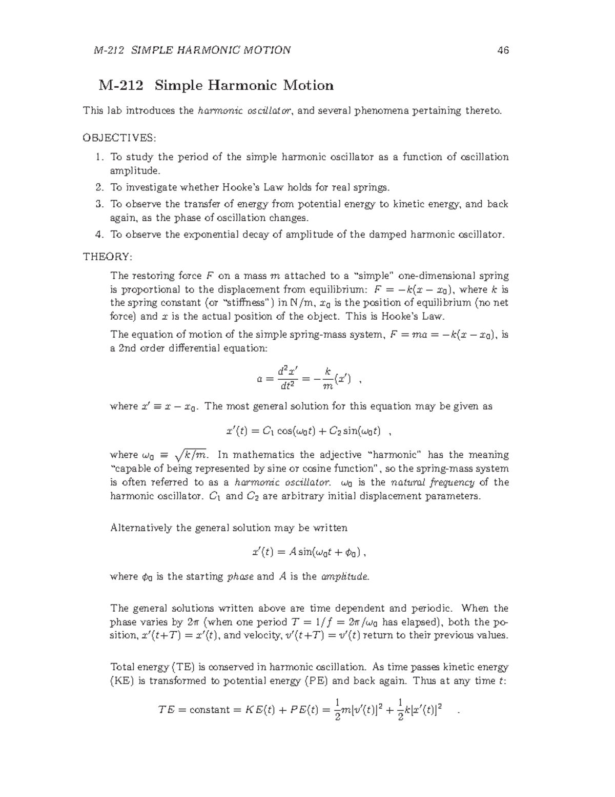 M212 - lab - M-212 Simple Harmonic Motion This lab introduces ...