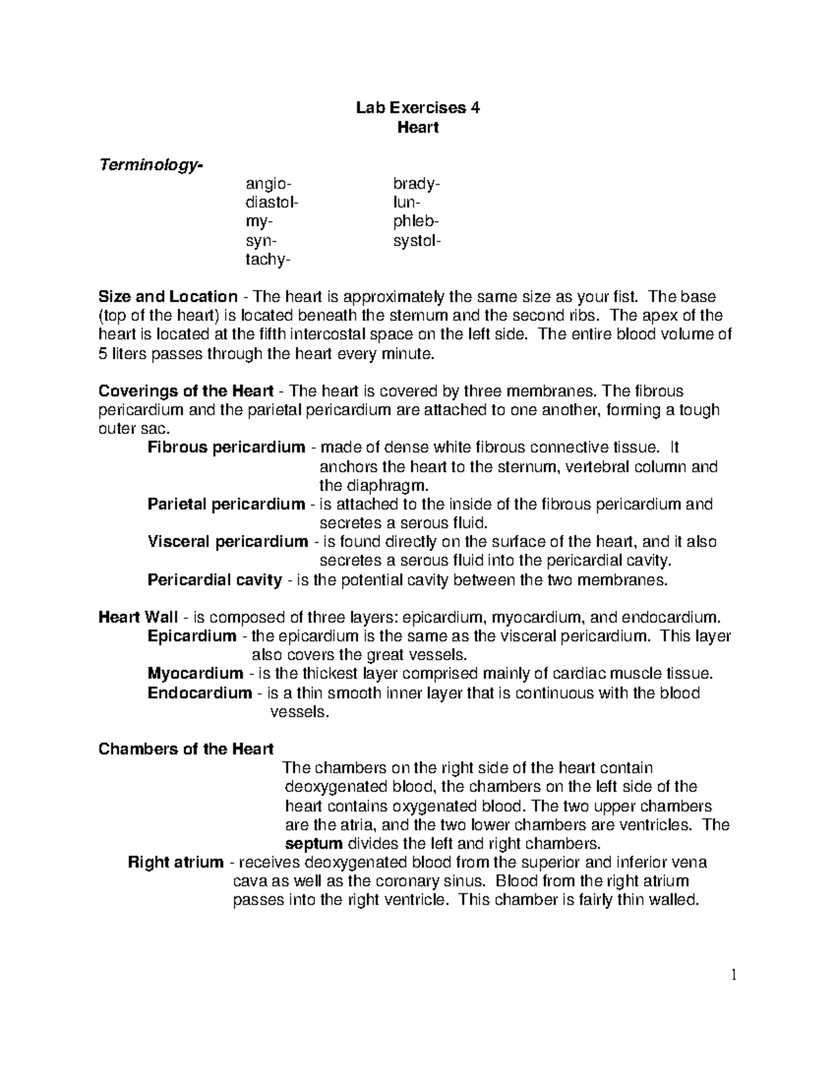 Lab Exercise 4 - Heart Study Guide - Lab Exercises 4 Heart Terminology- angio- brady- diastol ...