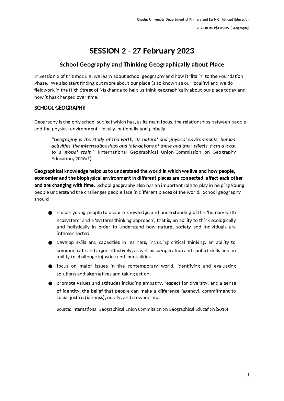 Session 2 - 27 Feb -Thinking geographically about Place - 2023 BEd(FP)3 ...
