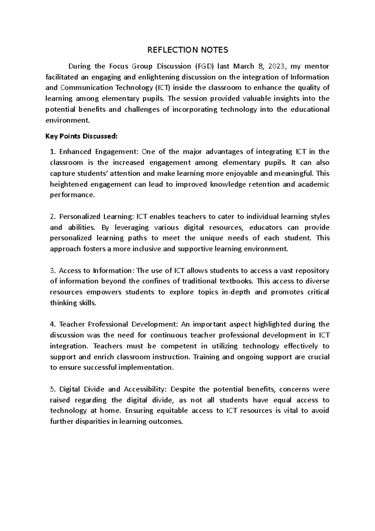 Reflection- Notes - Useful - REFLECTION NOTES During the Focus Group ...