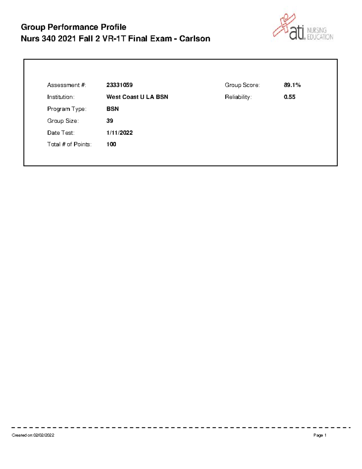 Carlson Final Exam - Note - Nurs 340 2021 Fall 2 VR-1T Final Exam ...