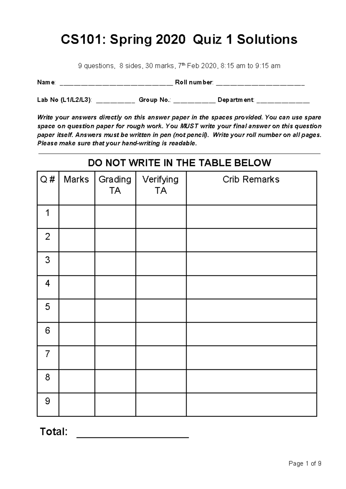 Quiz1 Solutions and Marking - CS101: Spring 2020 Quiz 1 Solutions 9 ...