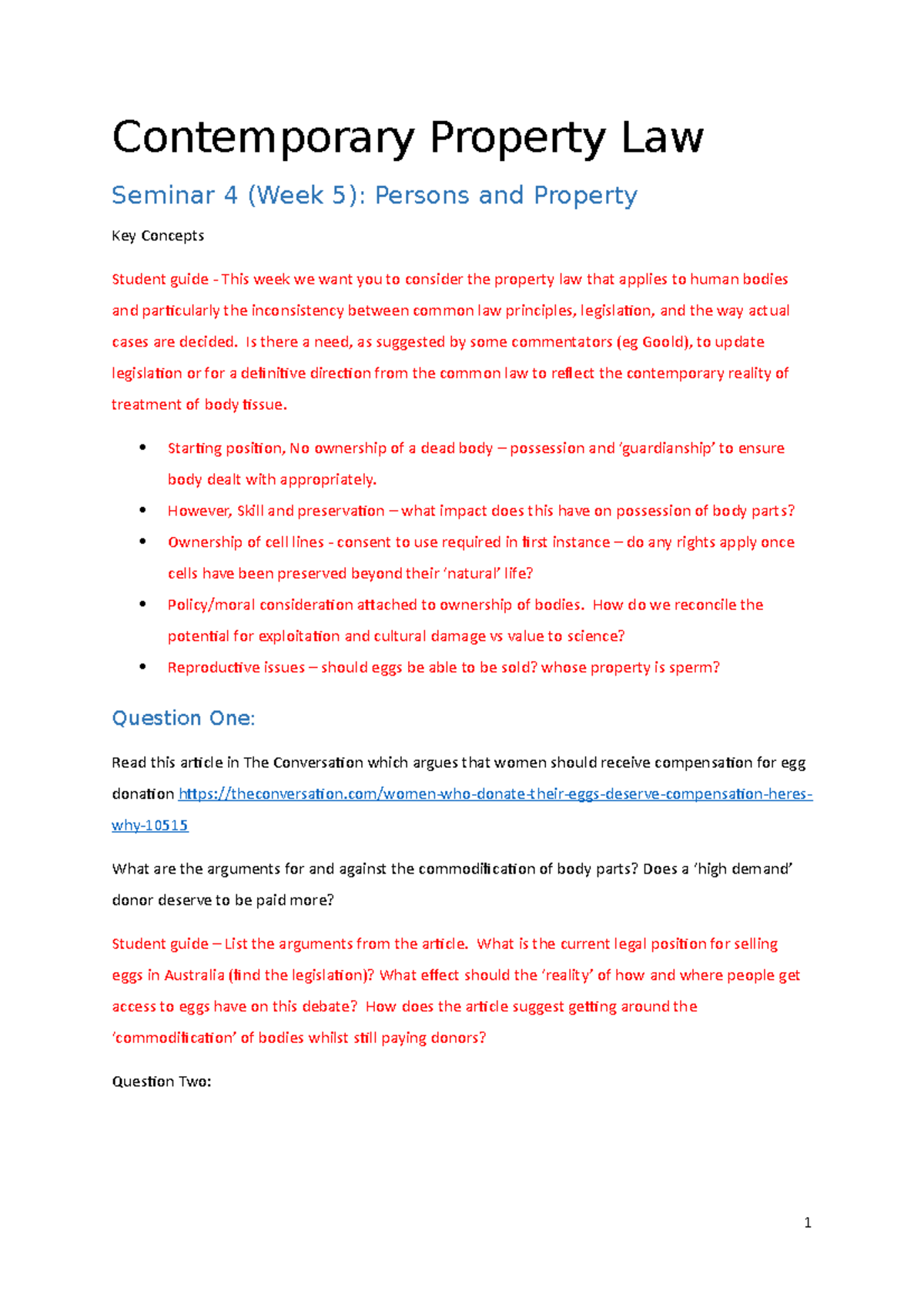 CPL Seminar Question Student Guide - Contemporary Property Law Seminar ...