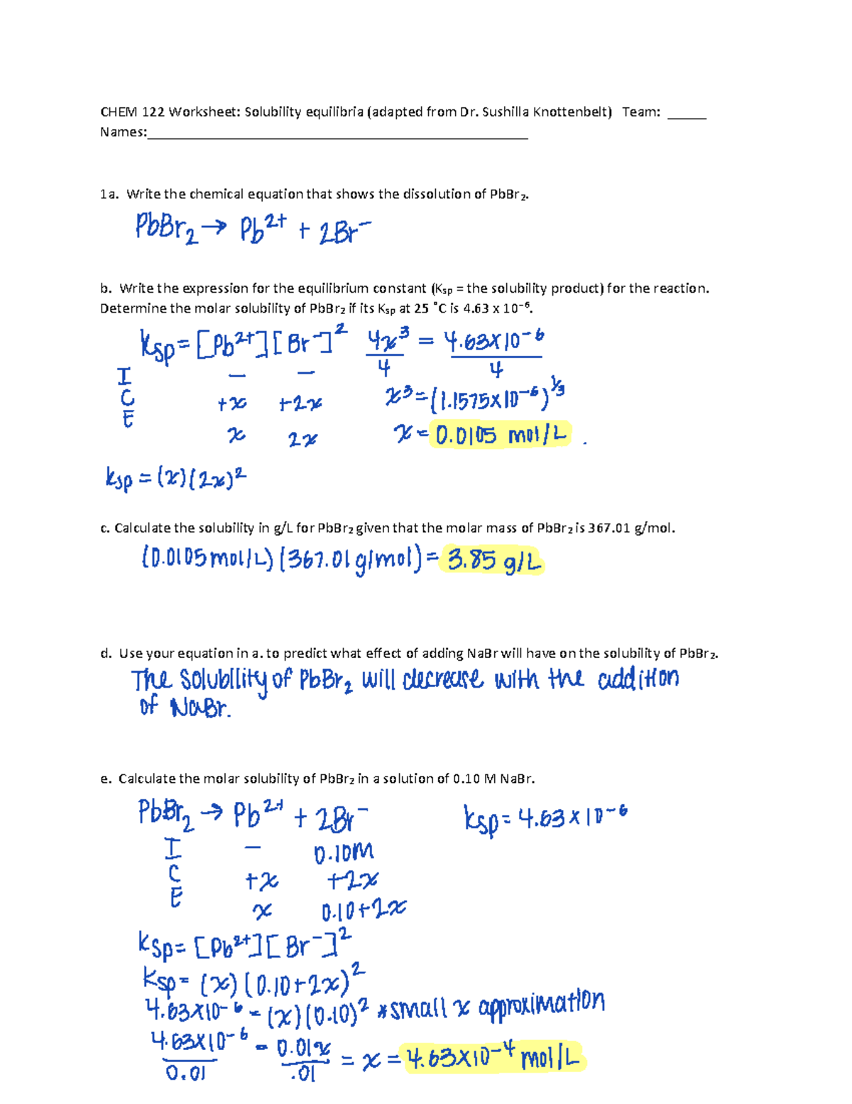 Worksheet 14 - CHEM 122 Worksheet: Solubility equilibria (adapted from ...