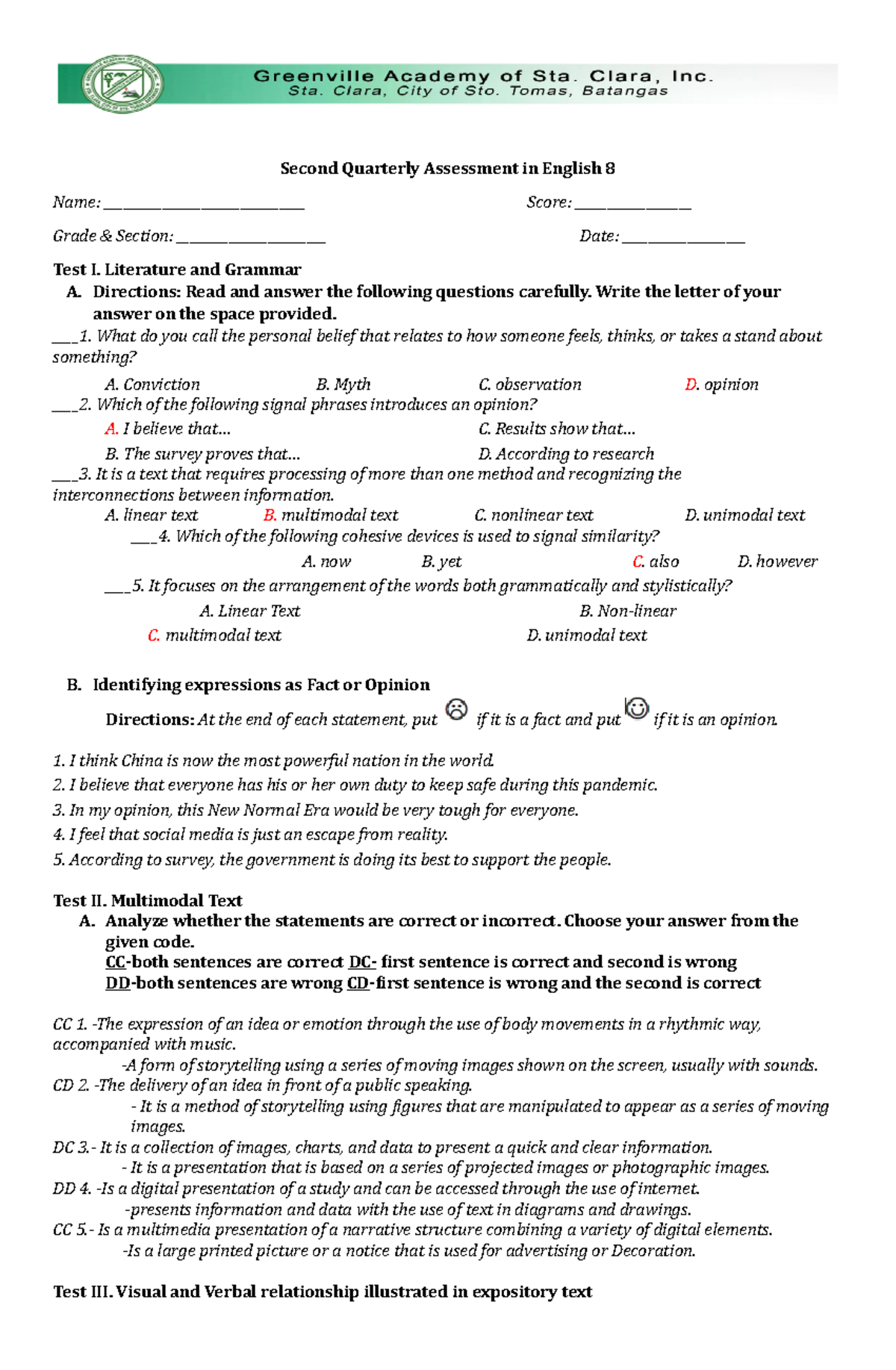Second Quarterly Assessment in English 8 - Answer key - Second ...