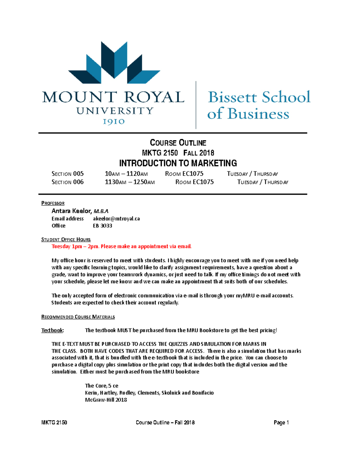 Marketing Course Outline - COURSE OUTLINE MKTG 2150 FALL 2018 ...