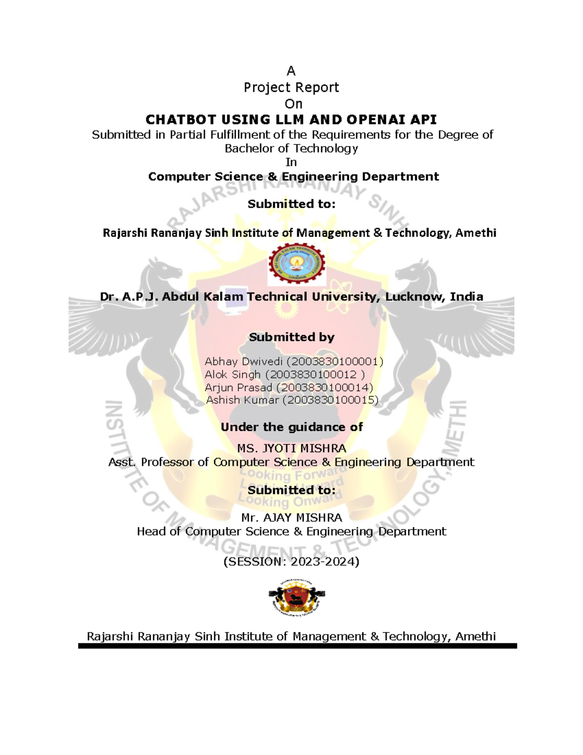 project file aktu - A Project Report On CHATBOT USING LLM AND OPENAI API Submitted in Partial ...