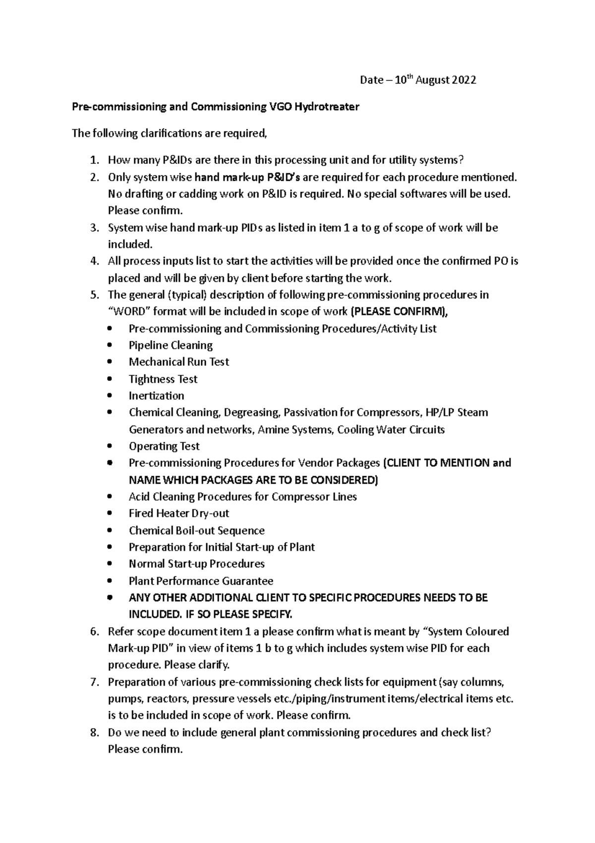 Clarification List Pre Commissioning - Date – 10th August 2022 Pre ...
