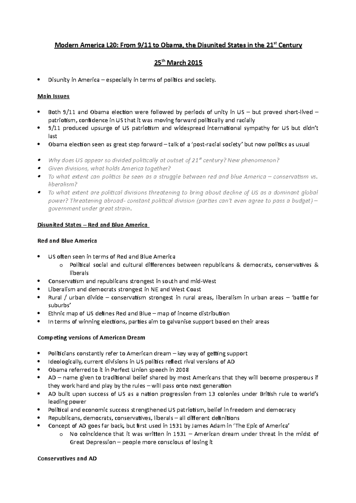 Modern America L20 - Lecture notes 20 - Modern America L20: From 9/11 ...