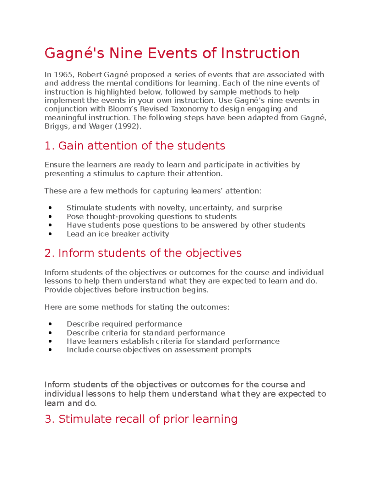 Robert Gagné 9 Events - Gagné's Nine Events of Instruction In 1965 ...