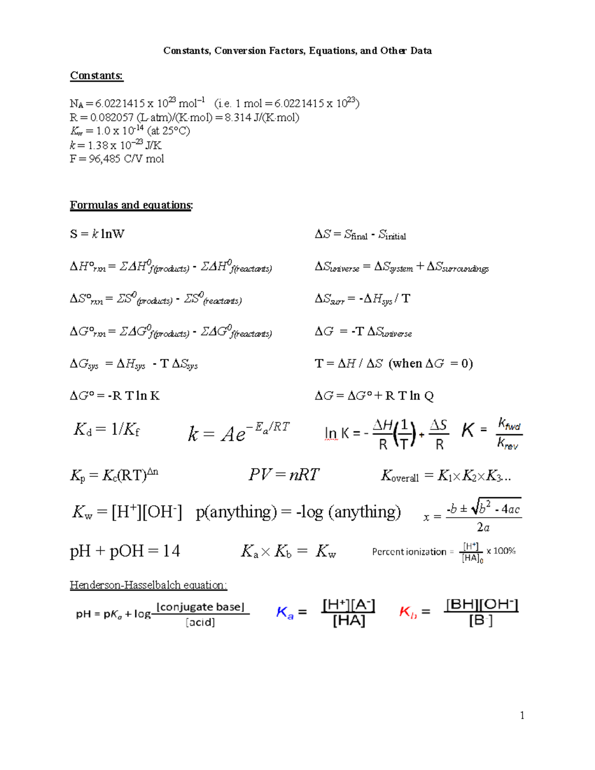Final Exam equation sheet corrected - 1 Constants, Conversion Factors ...