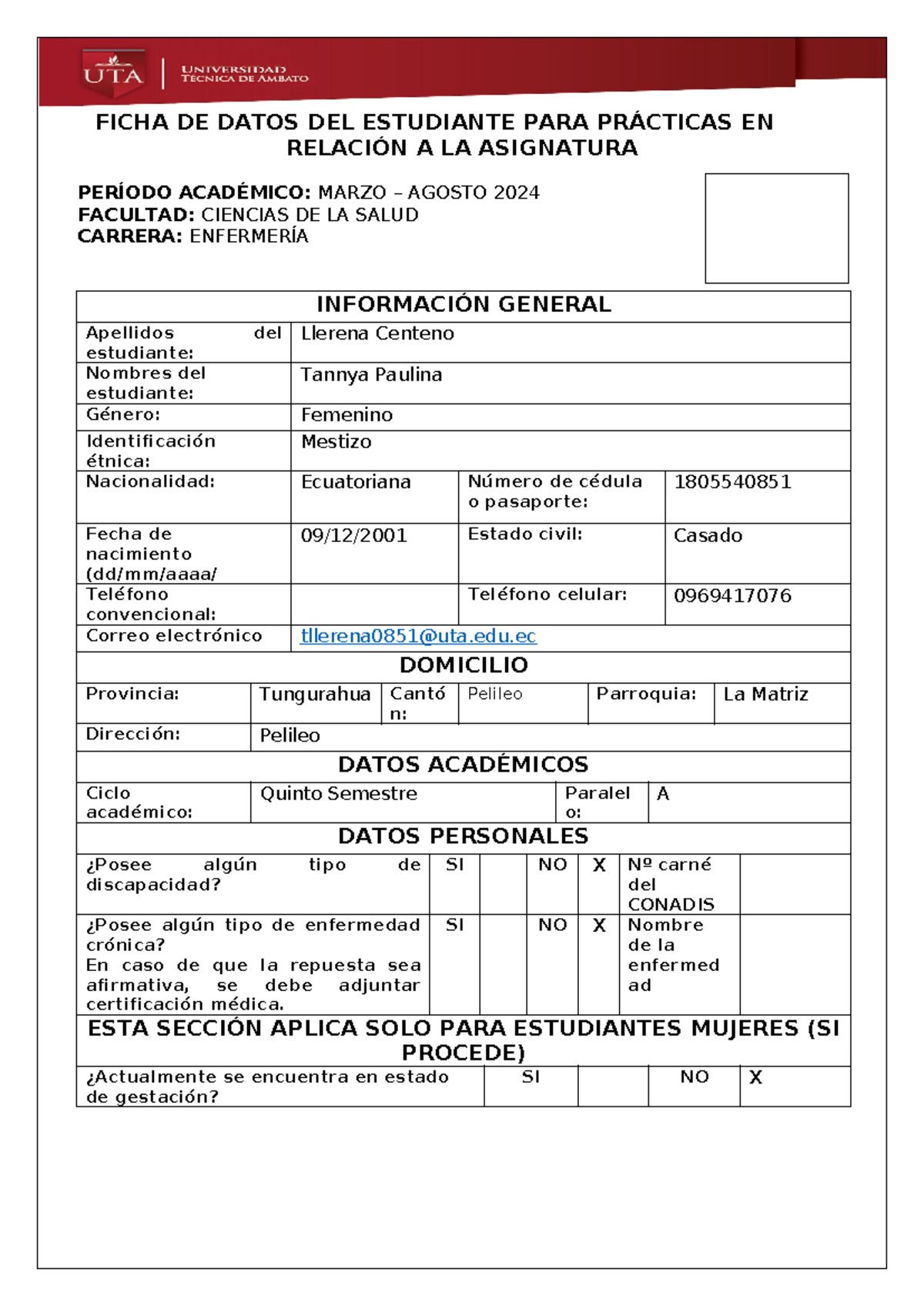 1. Ficha DE Datos - FICHA DE DATOS DEL ESTUDIANTE PARA PRÁCTICAS EN ...