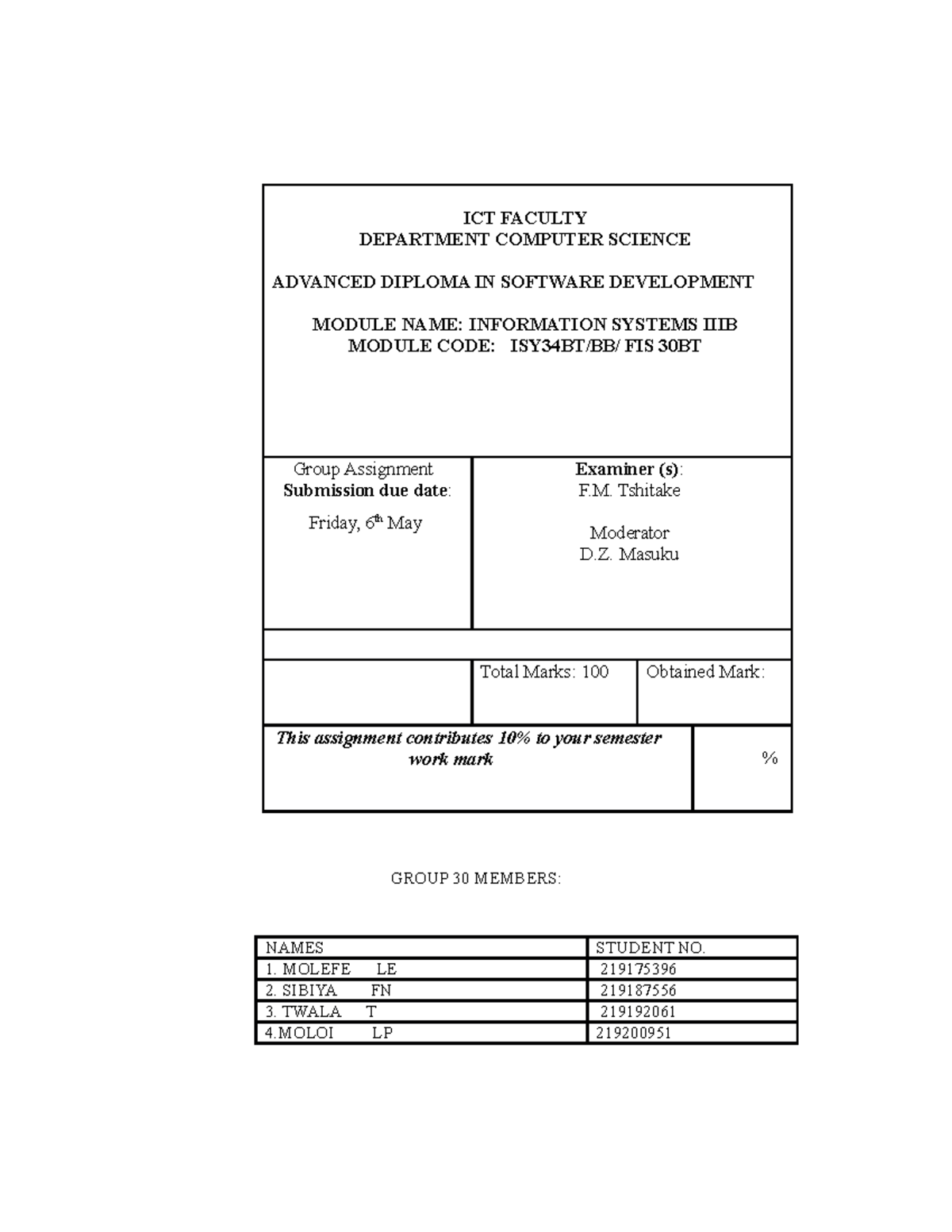 ISY34BT Assignment Group - ICT FACULTY DEPARTMENT COMPUTER SCIENCE ADVANCED DIPLOMA IN SOFTWARE ...