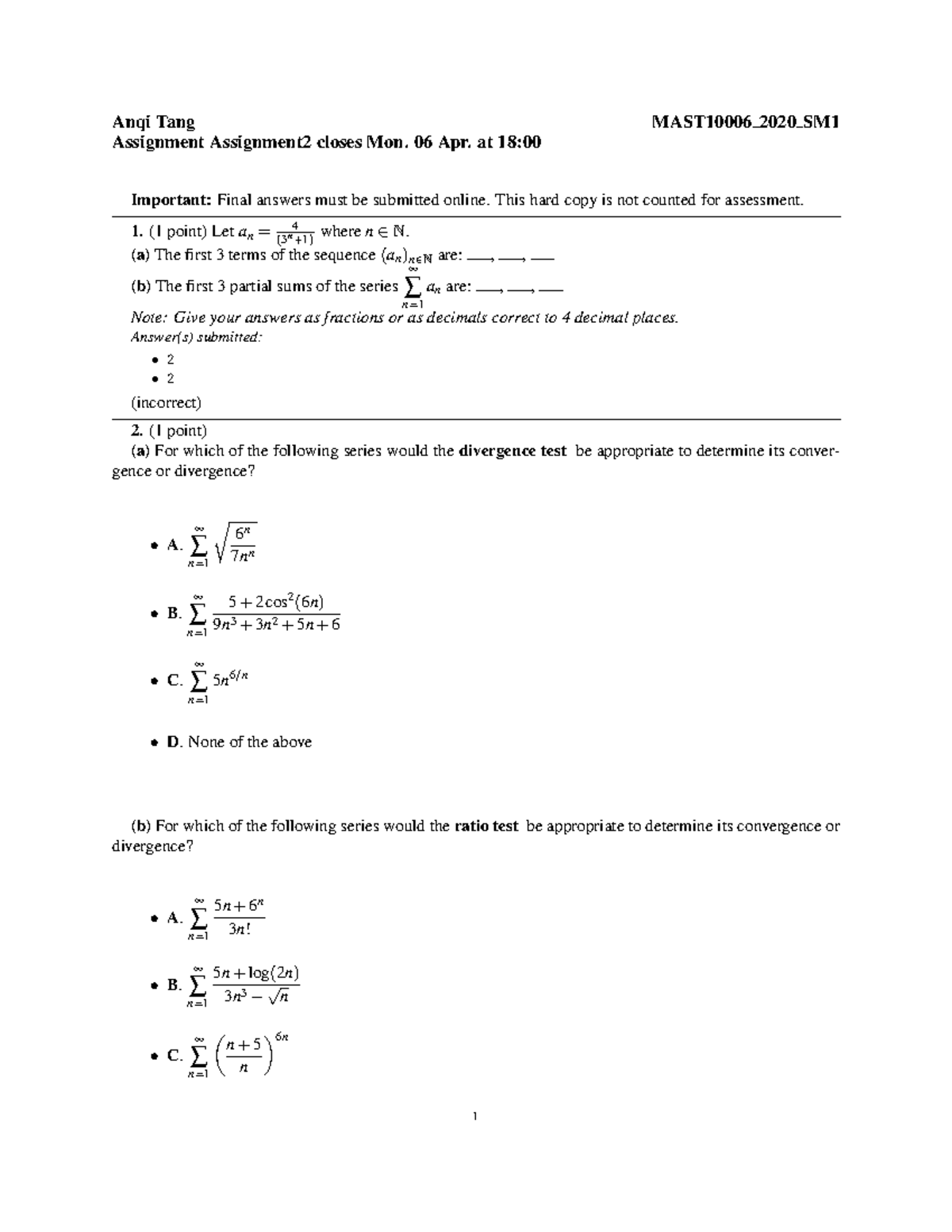 MAST10006 2020 SM1 - Anqi Tang MAST10006 2020 SM Assignment Assignment2 ...