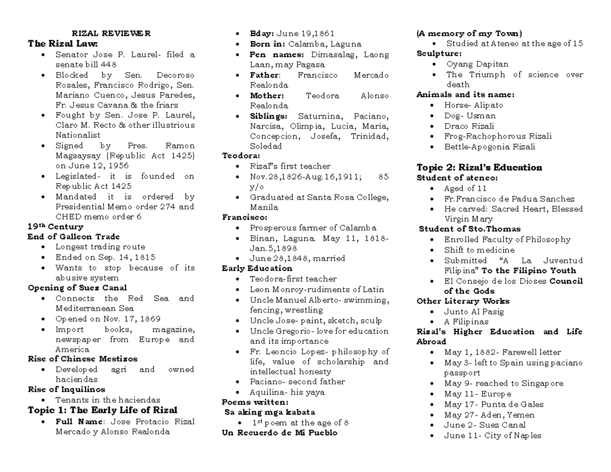 Rizal Reviewer - RIZAL REVIEWER The Rizal Law: Senator Jose P. Laurel ...