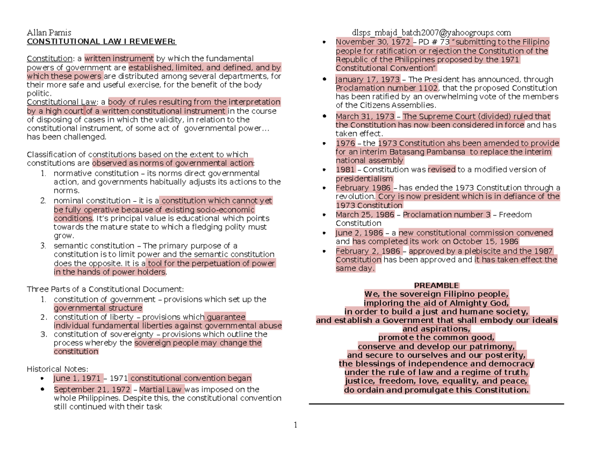 Constitutional LAW 1 - CONSTITUTIONAL LAW I REVIEWER: Constitution: a ...
