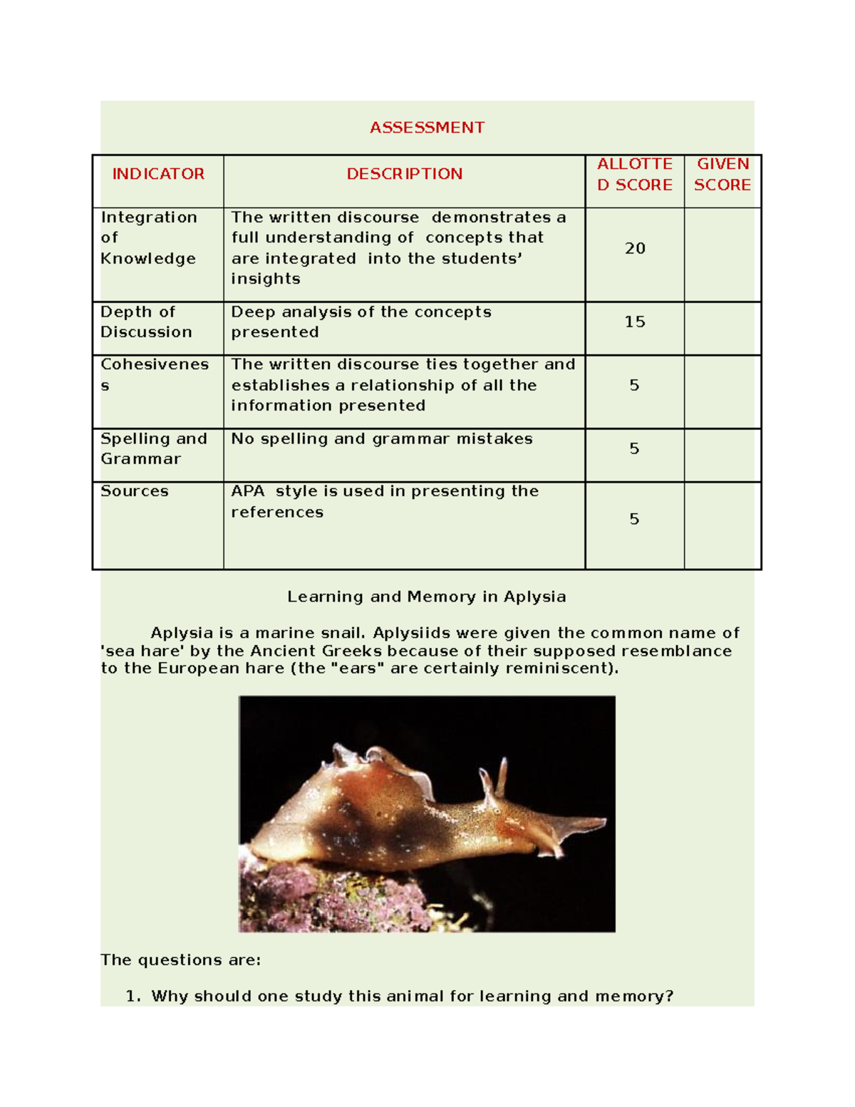 Aplysia - ASSESSMENT INDICATOR DESCRIPTION ALLOTTE D SCORE GIVEN SCORE ...