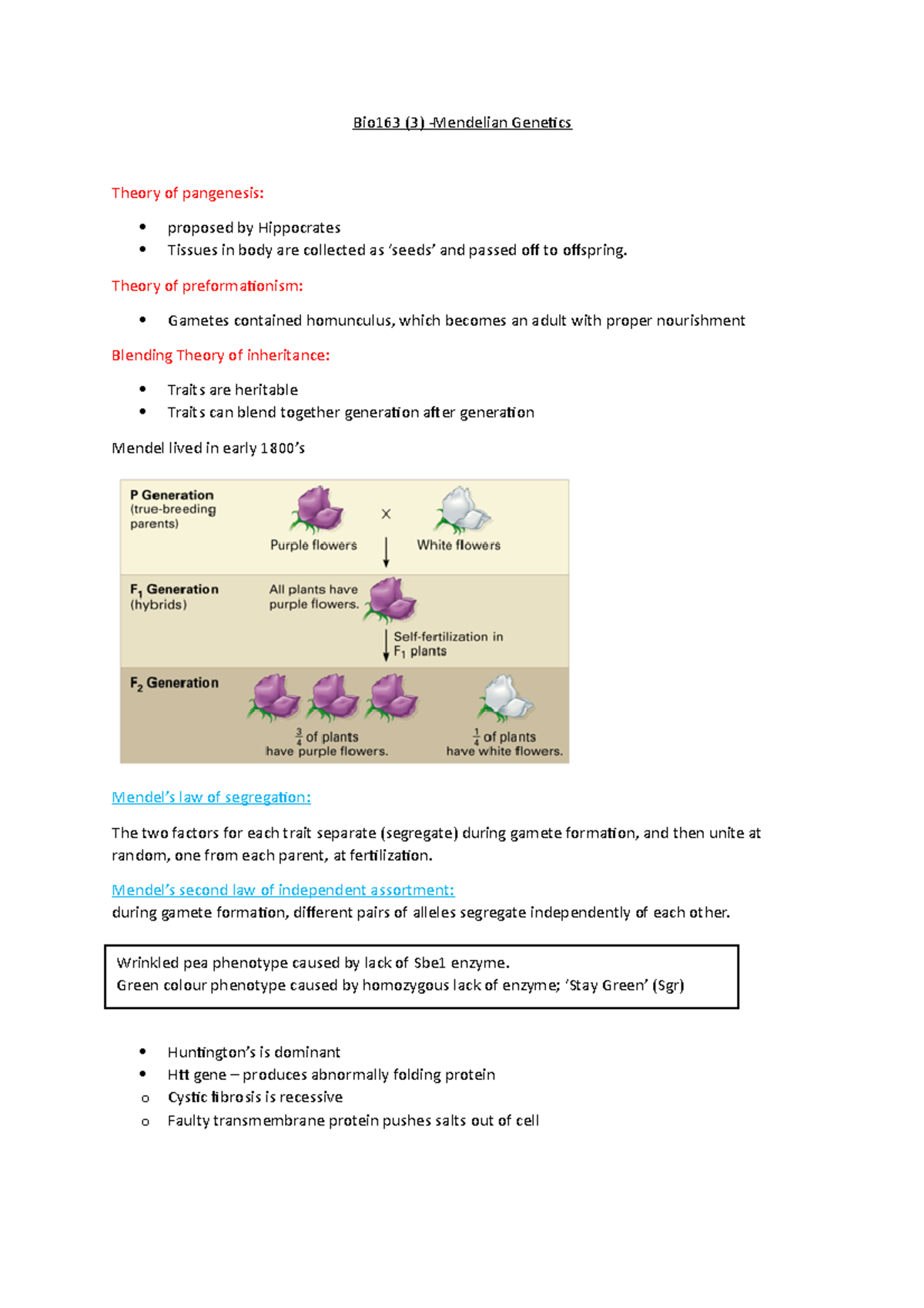 Bio163 3 - Molecular Genetics week 3 notes - Bio163 (3) -Mendelian ...