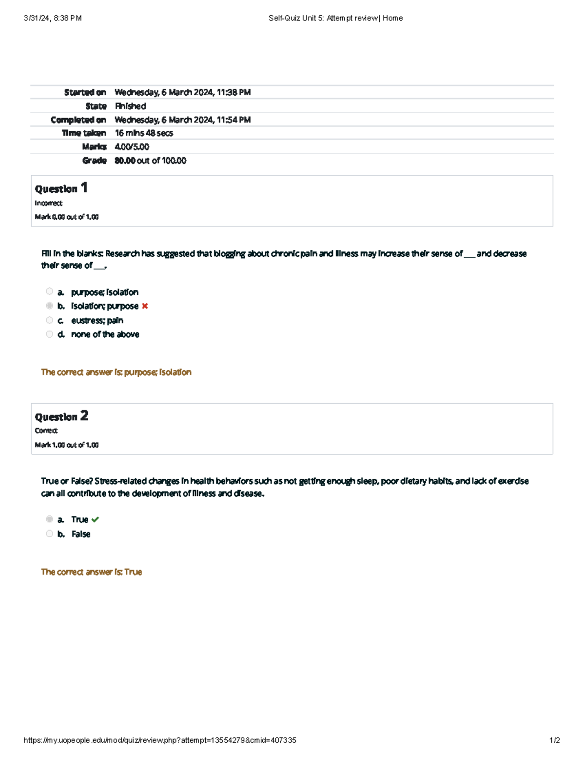 Self-Quiz Unit 5 Attempt review - 3/31/24, 8:38 PM Self-Quiz Unit 5: Attempt review | Home - Studocu
